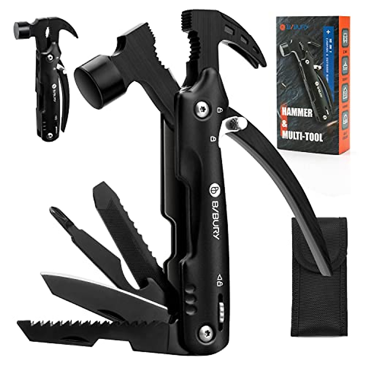 BIBURY Hammer Multitool Camping Tool, 12 in 1 Survival Gear Outdoor Multi Tool with Safety Lock, Cool Gadgets Survival Multi-Tool for Outdoor, Camping, Hiking, Christmas Present Stocking Stuffers