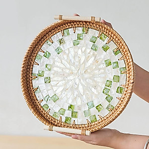 BAUHUS Set 3 Pack Round Rattan Wicker Tray with Mother of Pearl Inlay Wooden Handle for Fruit Serving, Coffee Table Tray, Vanity Tray Organizer for Kitchen, Storage and Display White Set 3