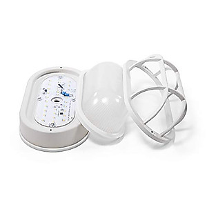 CORAMDEO Outdoor 8.5” Oval LED Nautical Bulkhead Light, Flush Mount for Wall or Ceiling, Wet Location, 75W of Light, 800 Lumens, 3K, White Cast Aluminum with Frosted Glass Lens