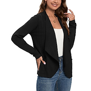 Women Knit Blazer Open Front Blazer Sweater Lapel Cardigan Long Sleeve Blazer Jackets with Pockets Black S