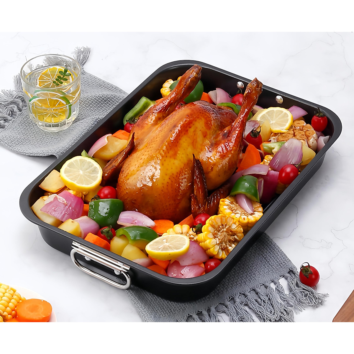 Roasting Pan with Rack and Handles-15" Heavy Duty Carbon Steel Roaster Pan for Oven - Turkey Chicken Meat & Vegetables,Toaster Oven Tray Pans with cooling rack,Baking Sheet with Rack Dishwasher Safe