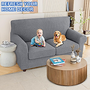 MAXIJIN 3 Piece Jacquard Couch Covers for 2 Cushion Couch Stretch Non Slip Love Seat Couch Cover for Dogs Pet Friendly Elastic Furniture Protector Loveseat Slipcovers (Loveseat, Light Gray)