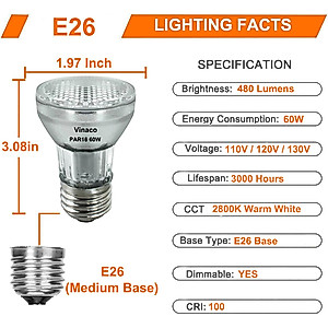 Vinaco PAR16 Bulb 120V, 6 Pack Long Lasting PAR16 Halogen Bulb 60 Watt with E26 Base, PAR16 Dimmable with 2800K Warm White, High Output PAR16 Flood 60W for Range Hood Lights, Table Light, Track Light