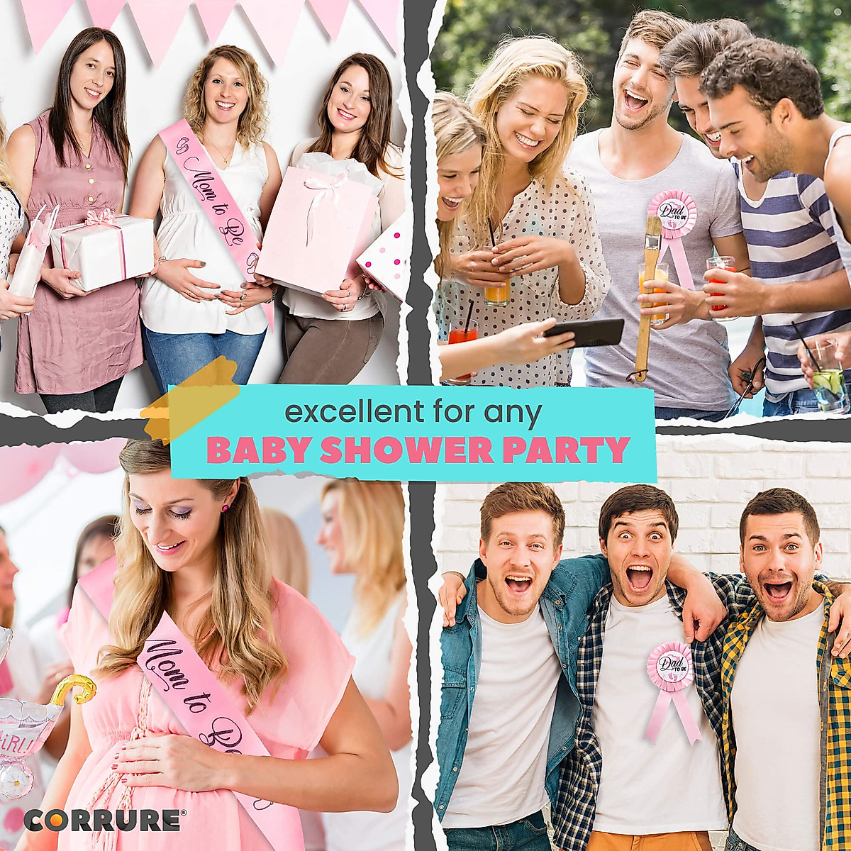 CORRURE Baby Shower Sash and Button Pin for Girl - 'Mom to Be' Sash and 'Dad to Be' Pin with Beautiful Pink Ribbon and Black Glitter Text - Ideal Mom and Dad Gift for Gender Reveal/Baby Shower