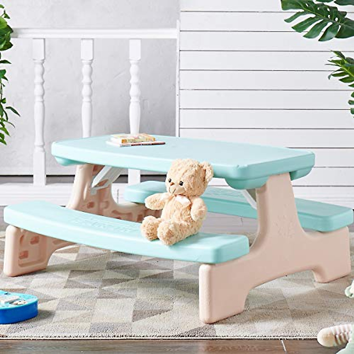 KIDZILLA Kids Bench Set Children Outdoor Picnic Table Bench Ideal for Arts, Crafts, Snack Time, Homework, Aqua/Beige