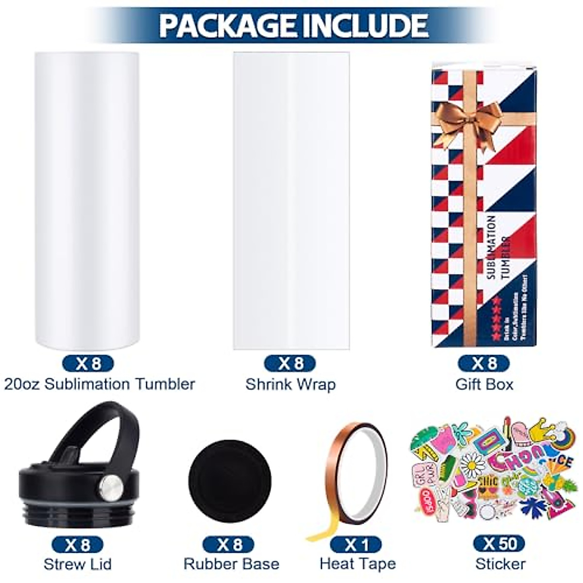 HEPFLANZE 8 Pack 20 OZ Sublimation Tumblers Skinny Straight, Sublimation Sport Water Bottles Blanks Stainless Steel Double Wall Insulated Cups Bulk with Straw Lids DIY for Gift