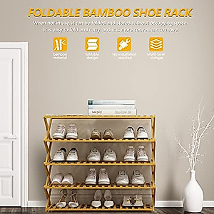 SAISN 5 Tier Wooden Shoe Rack Bamboo Shoes Storage Shelf Stackable Shoe Organizer Racks Multifunctional Free Standing Shoe Shelf Free Installation Foldable Shoe Stand for Entryway Hallway (Natural)