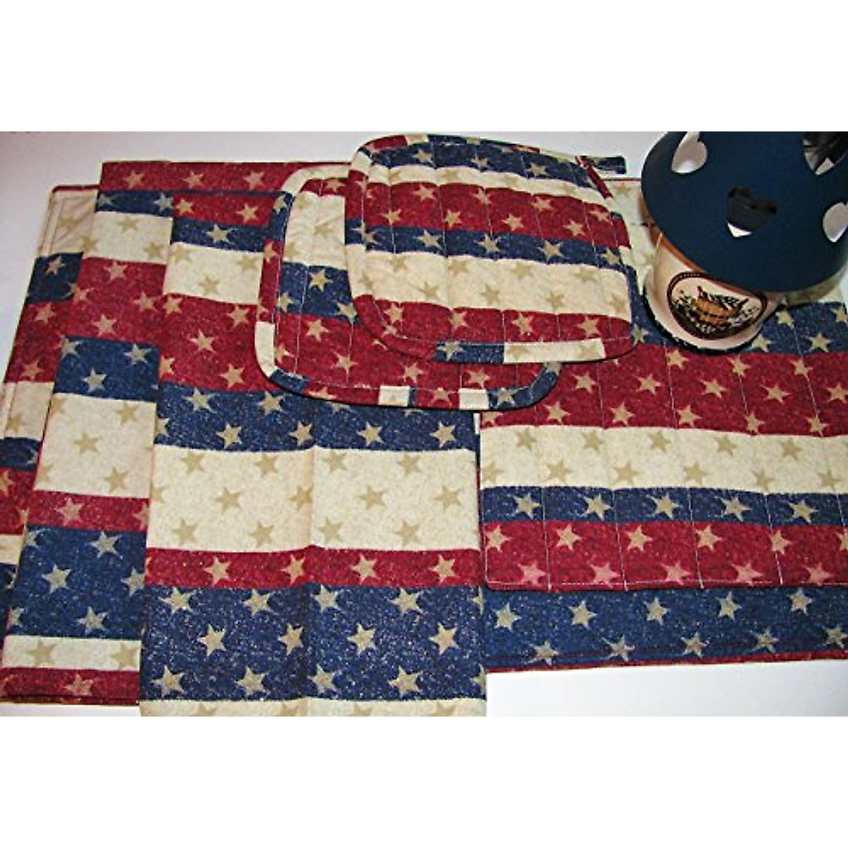 Stars & Stripes Patriotic Kitchen Linens Set (5 Pieces Total) 2 Tea Towels 2 Pot Holders 1 Hotpad Made In USA Patriotic Red Off-White Blue Stars Glitter 100% Cotton Custom Made-To-Order