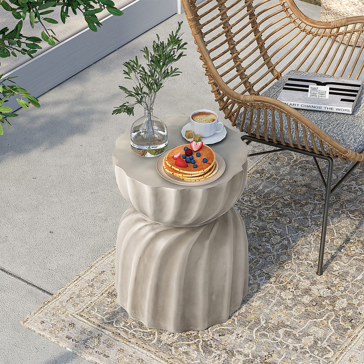 SUNBURY Concrete Side Table, Outdoor Side Table for Patio, 14" Outdoor Accent Table Patio Side Table End Table in Light Gray, Ceramic Side Table Garden Stool Log Table