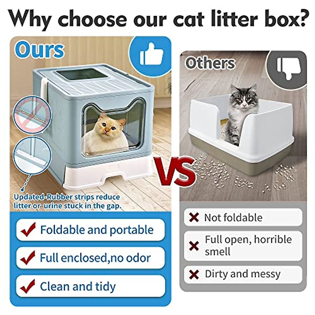 Homagico Foldable Cat Litter Box, Extra Large Front Entry Top Exit Litter Box with Lid, Drawer Type Enclosed Kitty Litter Box with Litter Scoop, Anti-Splashing Cat Toilet Easy Cleaning （Blue）