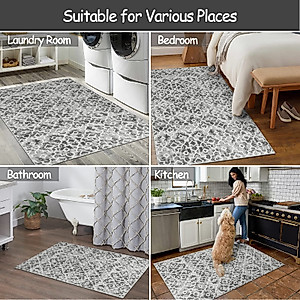 Moynesa Washable Area Rug- 3x5 Moroccan Entryway Throw Rug Non-Slip Kitchen Carpet Runner Modern Geometric Faux Wool Distressed Accent Mat Soft Floor Rugs for Living Room Bedroom Dining