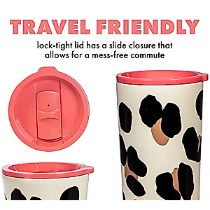 Kate Spade New York Small Insulated Coffee Cup with Lid, Leopard Print Double Walled Stainless Steel Mug, 12oz Coffee Tumbler, Forest Feline