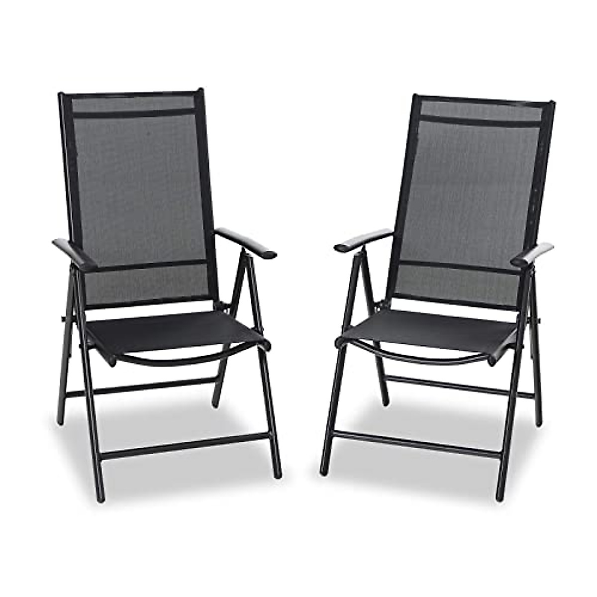 HERA'S PALACE Patio Dining Chair Foldable and Portable, Outdoor Folding Chairs with Armrest, Reclining High Back Sling Dining Chairs for Garden, Poolside, Backyard (2pcs, Black)