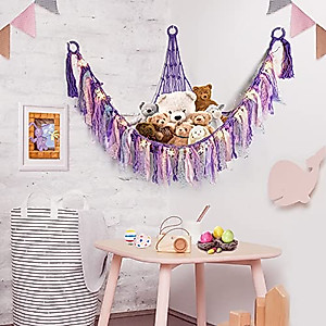 Stuffed Animal Net or Hammock with Light, Hanging Plush Toy Hammock Stuffed Animal Storage Organizer Holder Room Decor with Tassels Hooks for Kids Nursery Playroom Bedroom