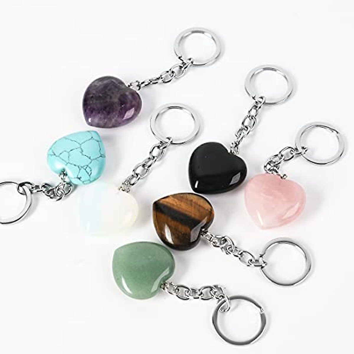 YGLINE Natural Heart Love Crystal Stone Keychain Chakra Reki Healing Crystal Gemstone Bead Keyring (Rose Quartz)