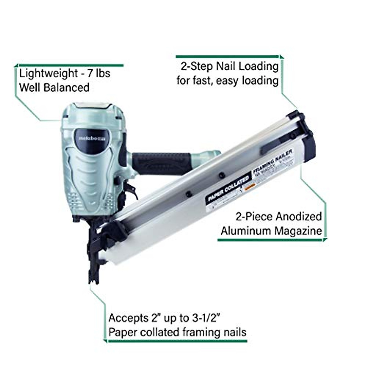 Metabo HPT Framing Nailer | Pro Preferred Brand of Pneumatic Nailers | 30 Degree Magazine | Accepts 2-Inch to 3-1/2-Inch Paper Collated Nails | Ideal for Framing, Flooring, & Roof Decking | NR90ADS1
