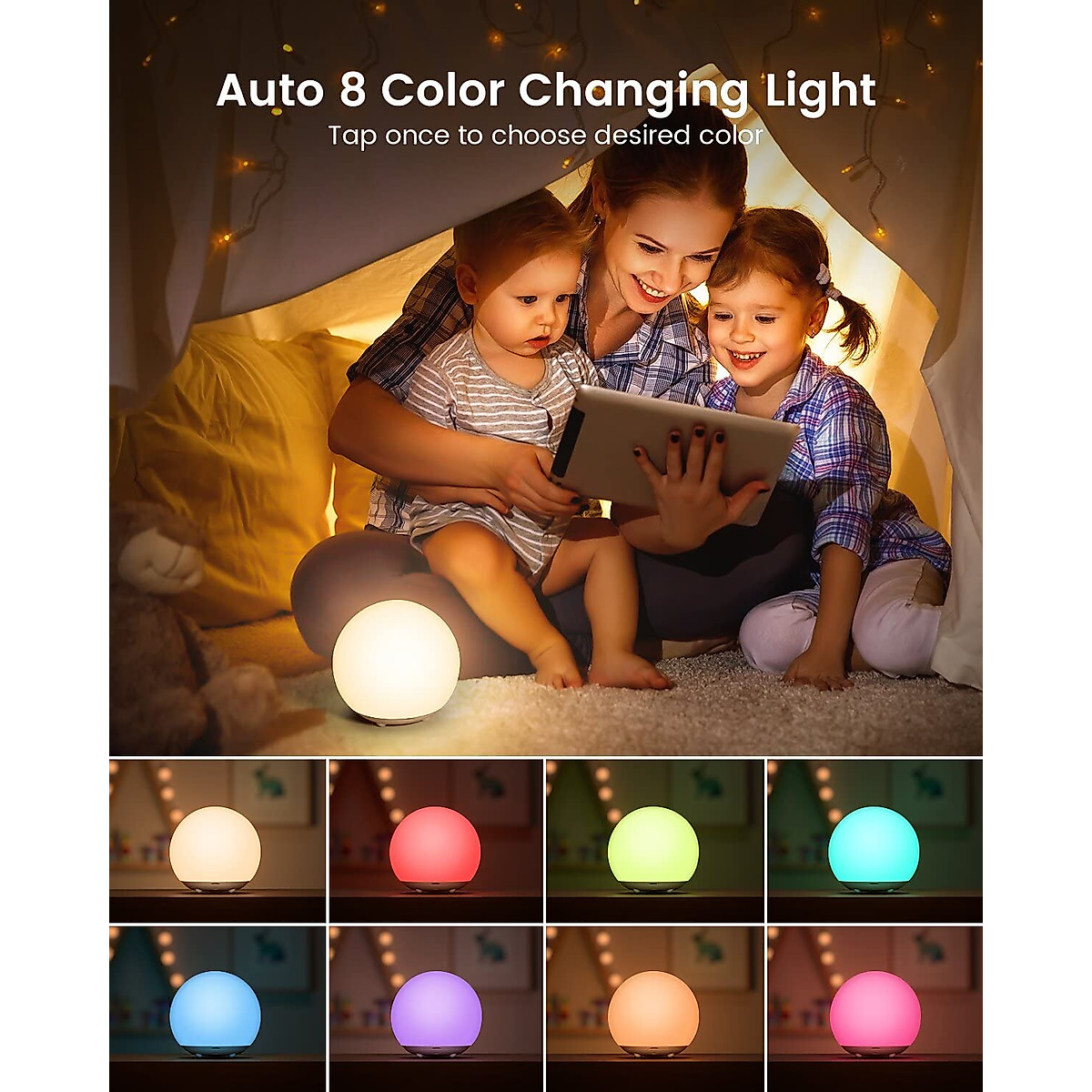 Morfone Night Light for Kids Baby Night Light with Soft Warm Light & Auto 8 Color Changing Dimmable Rechargeable Nursery Night Light with Touch Control & Timer Setting for Breastfeeding Up to 200H