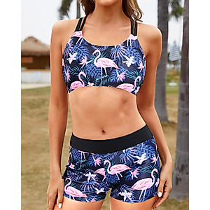 Yonique Tankini Swimsuits for Women 3 Piece Bathing Suits Swim Tank Top with Boy Shorts and Bra Modest Swimwear Black Flamingo L