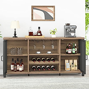 Launica Wine Bar Cabinet, Industrial Coffee Bar Cabinet Farmhouse for Liquor and Glasses, Sideboard Buffet Cabinet with Storage Rack for Home Kitchen Dining Room, Rustic Oak, 55 In