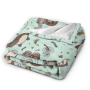 Sea Otter Novelty Throw Blanket Flannel Fleece Green Blanket for Bed Couch Chair Travel Camping Super Soft Warm Lightweight Comfort Cute Otter Gifts for Girls Boys Adults 60"x50"