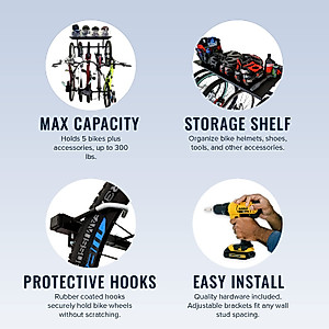 StoreYourBoard 5 Bike Essential Garage Rack, Wall Mount Bicycle Storage, Adjustable Hanger System (5 Bike Rack + Shelf)
