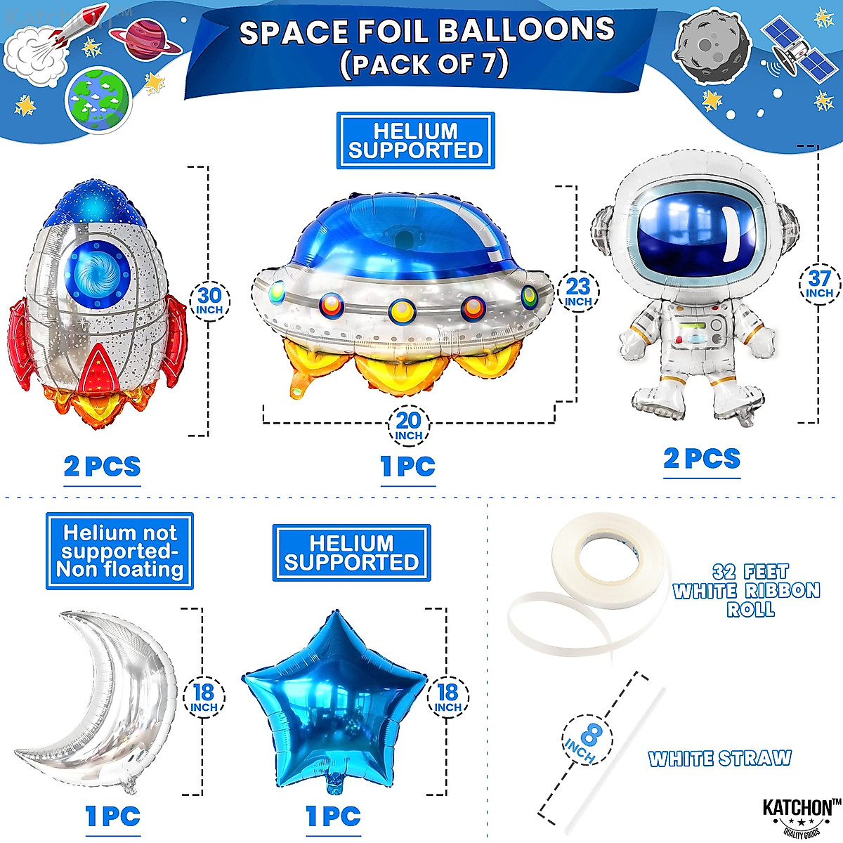KatchOn, Large Astronaut Space Balloons Set - 37 Inch, Pack of 7 | Space Themed Balloons for Space Birthday Decorations | Outer Space Balloons | Astronaut Balloons for Space Themed Party Decorations