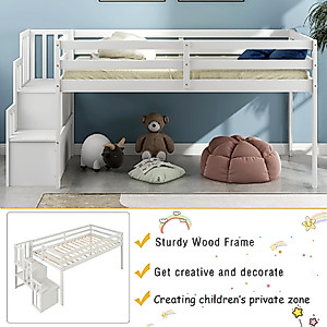 Twin Size Wooden Loft Bed Frames with Storage Staircase, Modern Country Loft Bed with Security Fence, Easy Assemble for Bedroom Small Living Space Boys Girls Adults Teens, Noise Free (White)