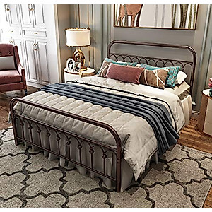 TUSEER Metal Bed Frame Queen Size with Vintage Headboard and Footboard Platform Base Wrought Iron Double Bed Frame (Queen, Antique Brown).