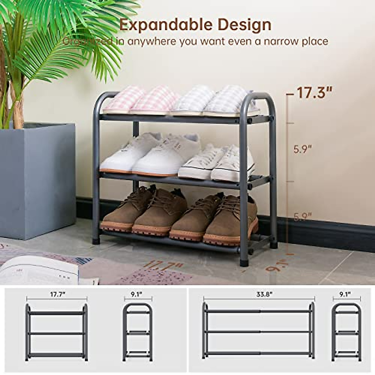 3-Tier Expandable Shoe Rack,Adjustable Shoe Shelf Storage Organizer Heavy Duty Metal Free Standing Shoe Rack for Entryway Closet Doorway (Gray)