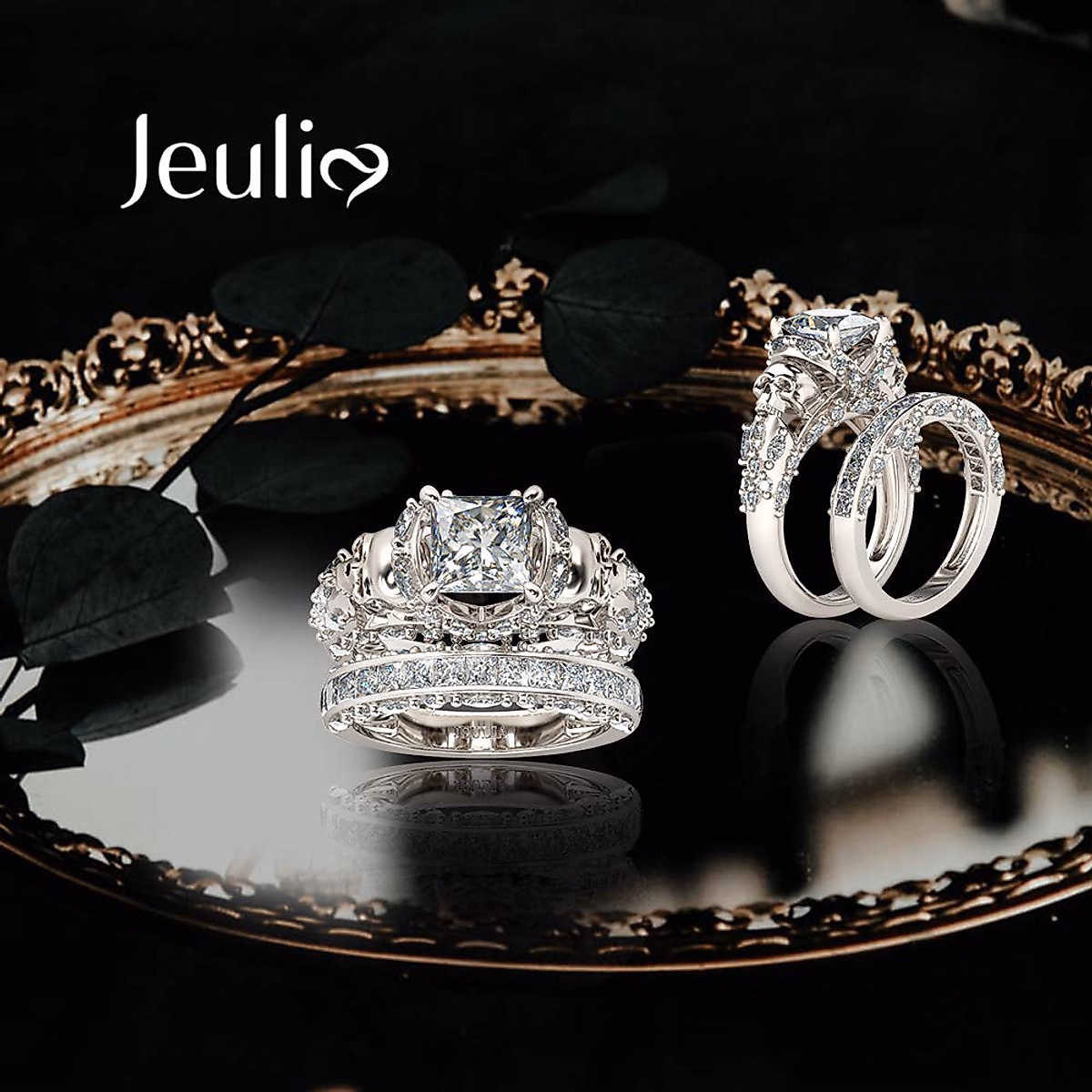 Jeulia Skull Engagement Ring Sets Sterling Silver Promise Eternity Band Rings Diamond Princess Cut with Cubic Zirconia Wedding Engagement Anniversary Promise Rings Bridal Sets (9.0(U.S))