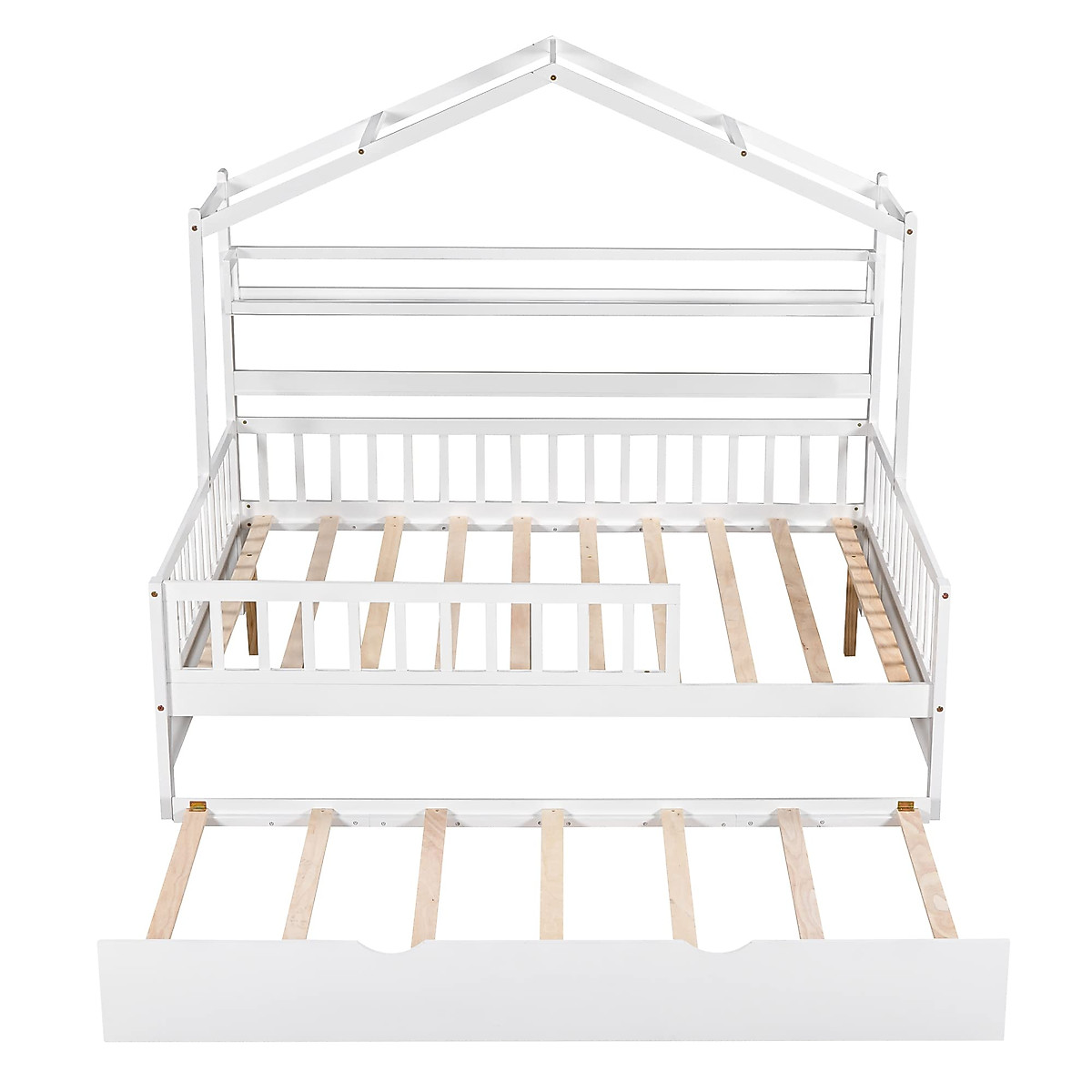 Merax Full Size House Bed with Trundle, Wooden Full Size Platform Bed Frame with Shelf, No Box Spring Needed, White