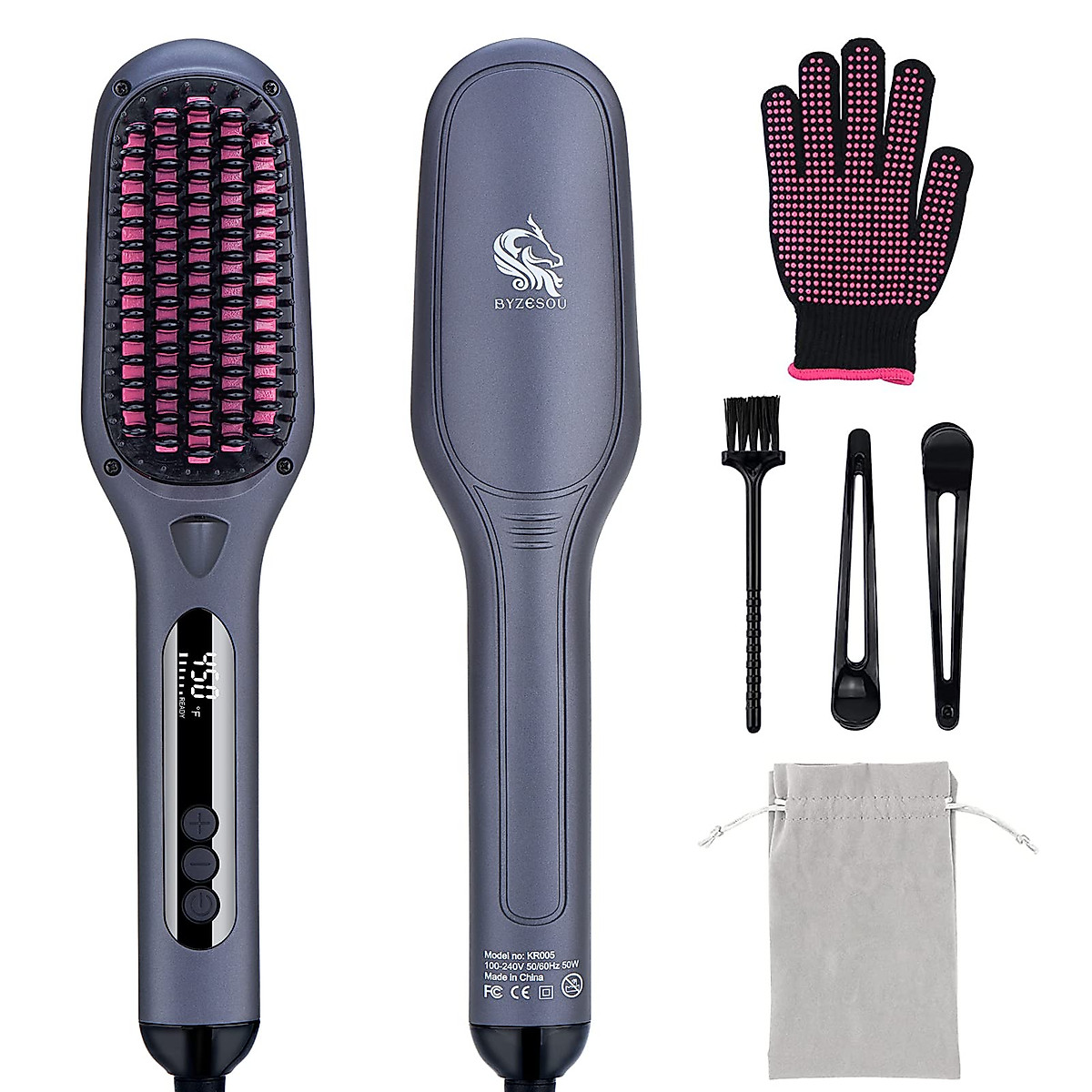 Hair Straightener Brush, Byzesou Ionic Hair Straightener Comb with Auto Temperature Lock and Auto-Off Function, 30s Fast Heating, 16 Heat Levels Perfect for Professional Salon at Home