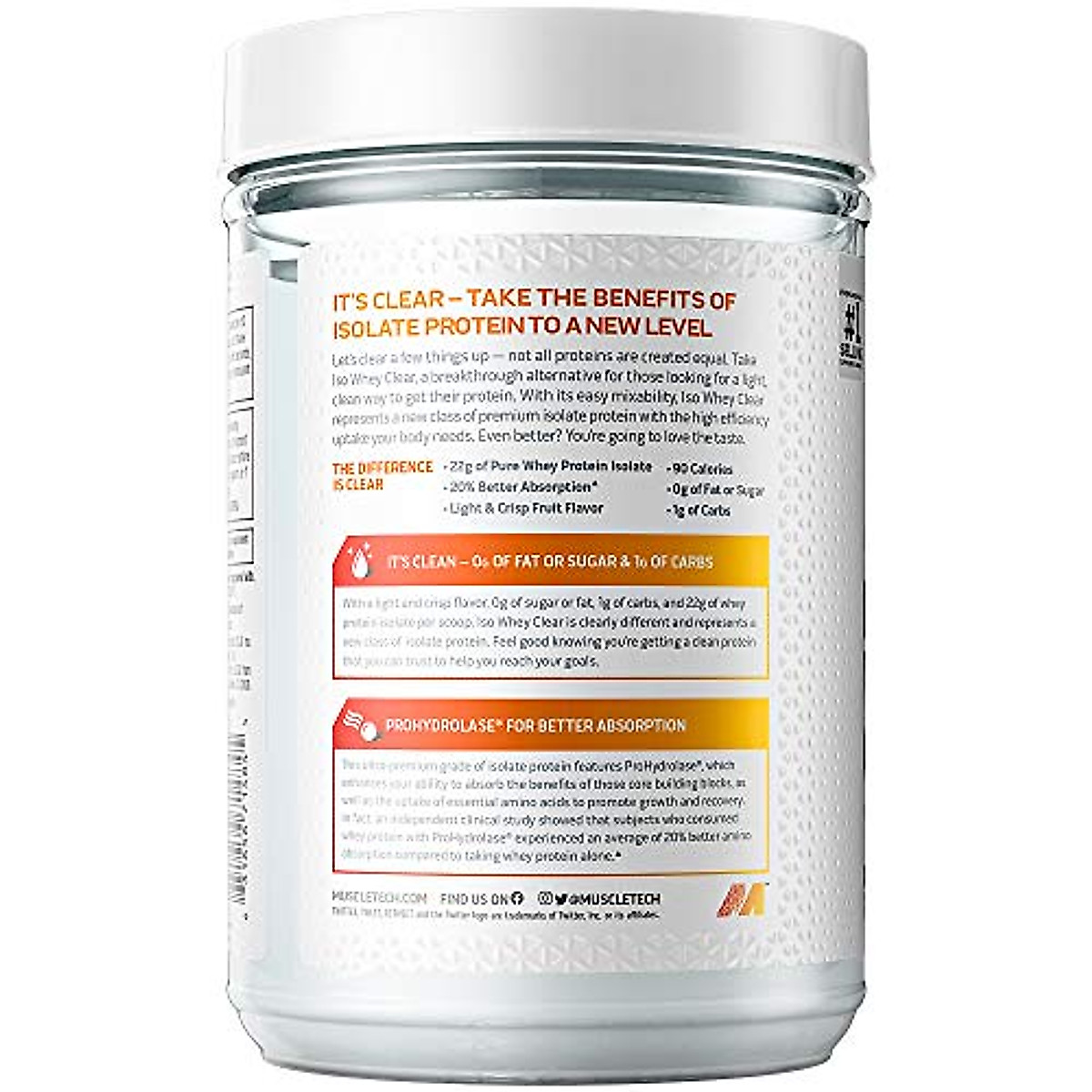 Whey Protein Powder | MuscleTech Clear Whey Protein Isolate | Whey Isolate Protein Powder for Women & Men | Clear Protein Drink | 22g of Protein, 90 Calories | Orange Dreamsicle, 1.1lb (19 Servings)
