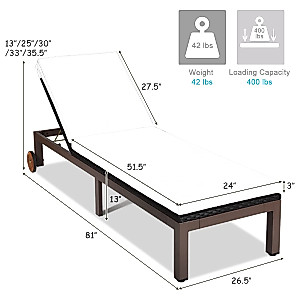 Tangkula Patio Chaise Lounge Chair, Outdoor Rattan Lounger Recliner Chair with Wheels, Wicker Chaise Chair with Cushioned Seating, Recliner 5-Position Adjustable for Garden, Patio, Poolside (1, Beige)