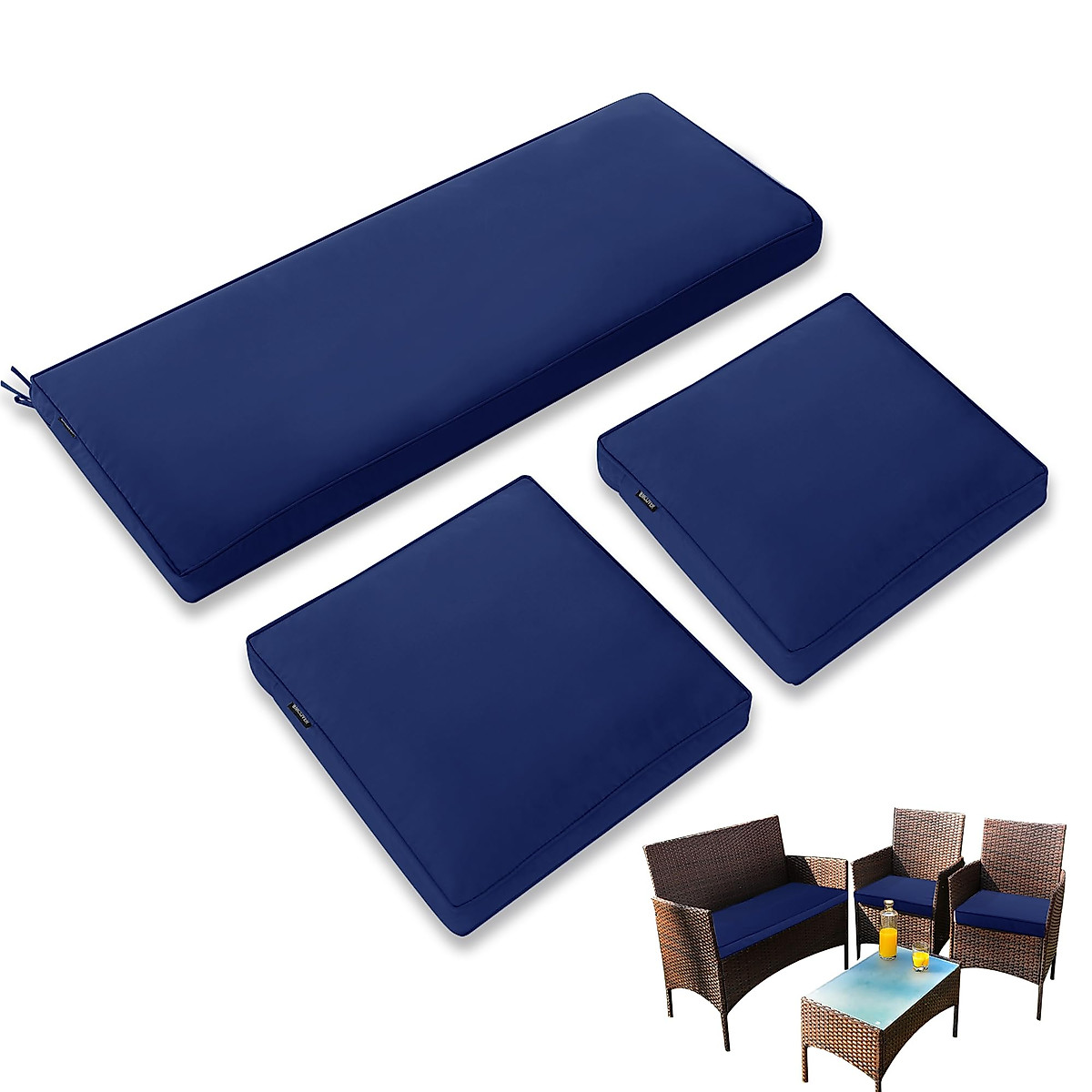 Comcaver 3 Pack Outdoor Cushions Set for Rattan Chair Wicker Sofa, Waterproof Patio Cushions Set for 4 Pieces Seater Outdoor Furniture Conversation, Navy