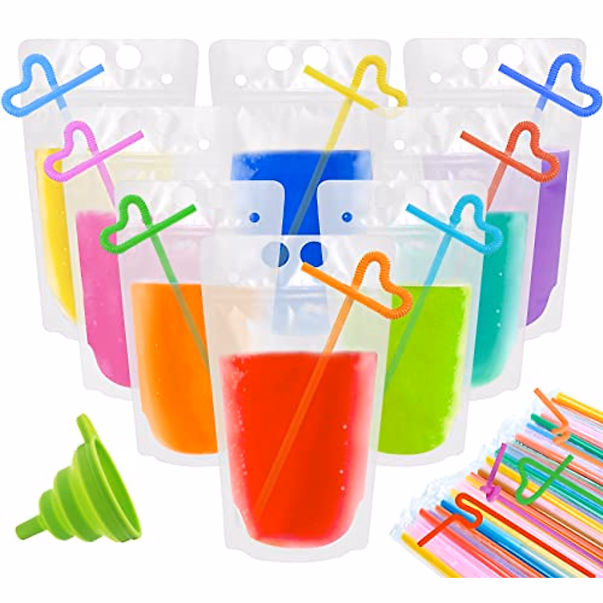 200 Pcs Drink Pouches for Adults, Reusable Plastic Juice Pouches Stand-up Smoothie Drink Pouches with Straw Funnel for Cool Summer Party, Cold Hot Drinks