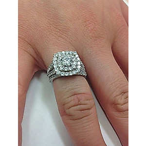 Pompeii3 10k White Gold 2 Ct T.W. Diamond Cushion Halo Engagement Ring Matching Wedding Band Bridal Women's Set Round-Cut Natural Diamonds