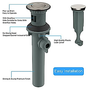 Bathroom Sink Drain with Overflow, Push and Seal Pop Up Drain Stopper Lift Rod, 2 Pack Bathroom Lavatory Vanity Vessel Drain Compatible with Moen, American Standard,Universal Drain Hole,Brushed Nickel