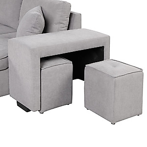 FANYE 2024 Linen Upholstery Pull Out Sleeper Sectional Sofa & Couch W/Stools and Shelves, L-Shaped Corner Upholstered Sofa Couch with 2 Pillows and Reversible Storage Chaise for Living Room