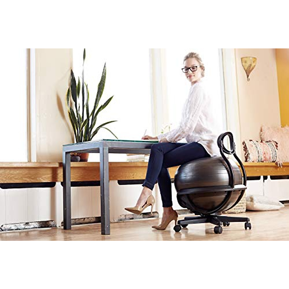 Gaiam Ultimate Balance Ball Chair - Premium Exercise Stability Yoga Ball Ergonomic Chair for Home and Office Desk with Reinforced Base, Air Pump, Exercise Guide, Black