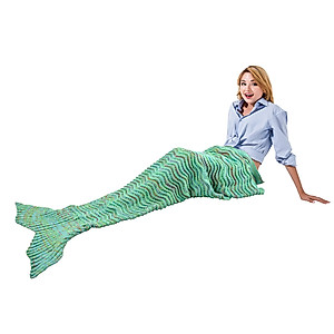 Catalonia Mermaid Tail Blanket with Anti-Slip Neck Strap, Soft Silky Hand Knitted Mermaid Sleeping Blanket for Girls Women Adults Teens All Seasons Sleeping Bag Green 66.5" x 22.5"