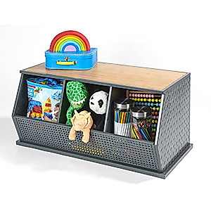 Badger Basket Metal and Bamboo Three Bin Stackable Charcoal/Natural Storage Cubby,97841