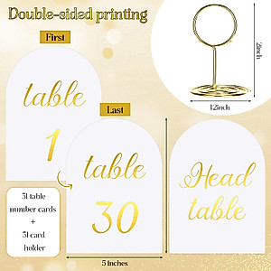 CroBlissful Gold Table Numbers 1-30 with Head Table Number Card and Holders, 5 x 7 Inch Arched Place Seating Sign Double Sided Table Numbers for Wedding Reception Anniversary Birthday Party Restaurant