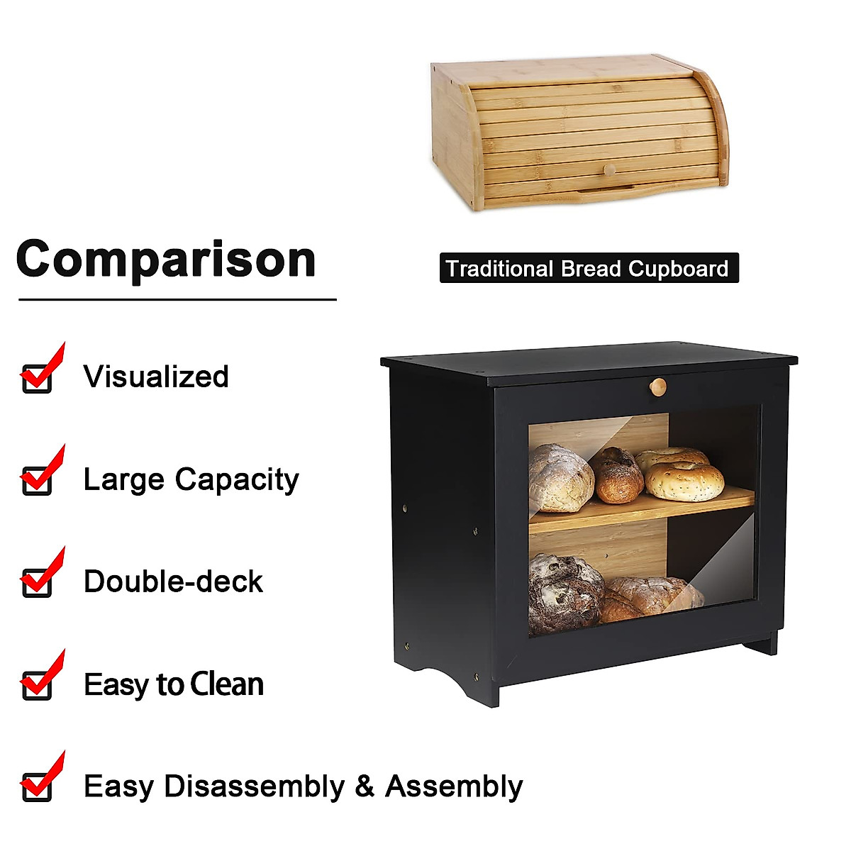 HOMEKOKO Bamboo Double Layer Regular Bread Box, Natural Bamboo Bread Boxes for Kitchen Counter, Bamboo Capacity Food Storage (Black)