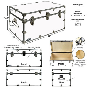 C&N Footlockers - Large Undergrad Storage Trunk - Made in the USA - Only STEEL Footlocker on Amazon - Durable Chest with Lid Stay - 32 x 18 x 16.5 Inches (Gray)