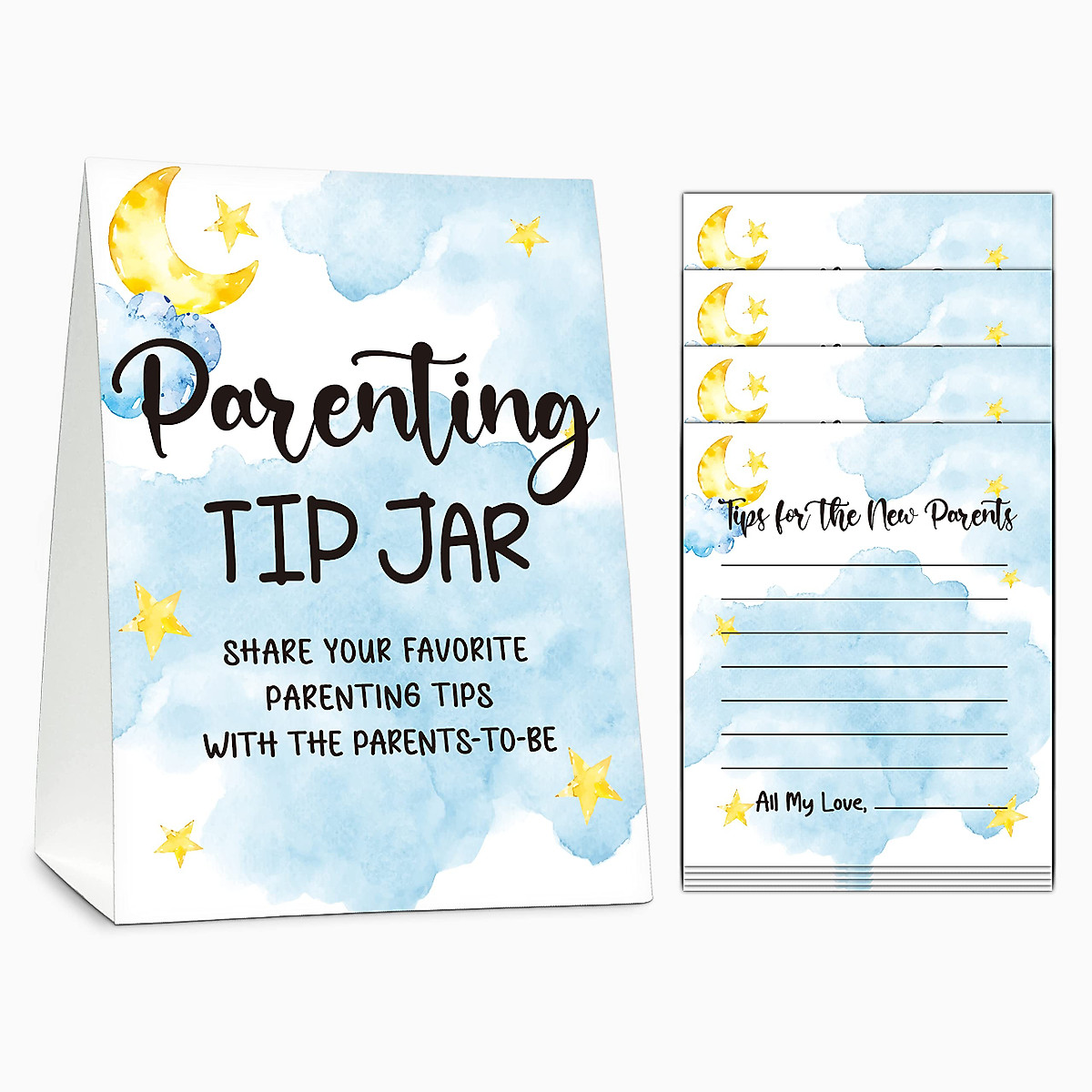 Baby Shower Games, Parenting Tip Jar Party Games(1 Standing Sign + 20 Advice Cards), Moon and Stars Advice Cards for New Parents, Sleepover Theme Baby Shower/Gender Reveal Party Favor Decor(A05)