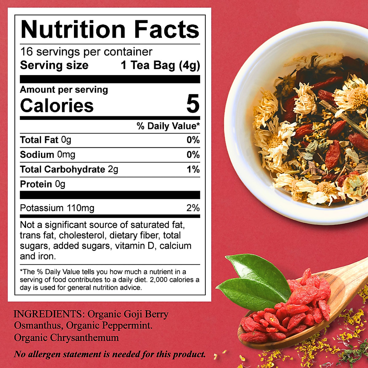 Enoch Detox Tea: Goji Berries Chrysanthemum Organic Naturopathic Herbal Tea. All Natual Flavor, Body Cleanse, Anti Inflammatory, Antioxidants, Promote Kidney, Liver, Digestive Health and Immune