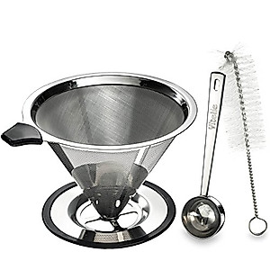 Stainless Steel Pour Over Coffee Cone Dripper with Cup Stand - Paperless and Reusable - Ultra Fine Micro Mesh Filter - BONUS: Coffee Scooping Spoon + Cleaning Brush - [1-4 Cup]