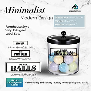 144 Laundry Room Labels for Containers, Prefdo Modern Farmhouse Waterproof Preprinted Canister Bin Stickers for Linen Closet and Laundryroom Organization(Black)
