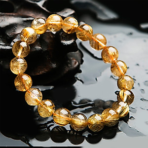 Brazil 10mm Natural Yellow Rutilated Quartz Gemstone Stretch Round Crystal Bead Bracelet